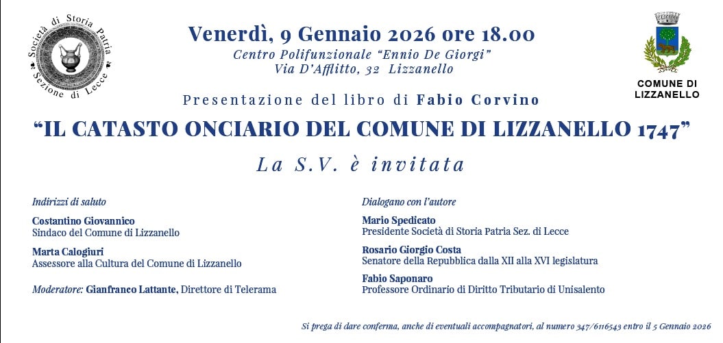 “Il catasto onciario di Lizzanello 1747”, Fabio Corvino presenta il suo ...